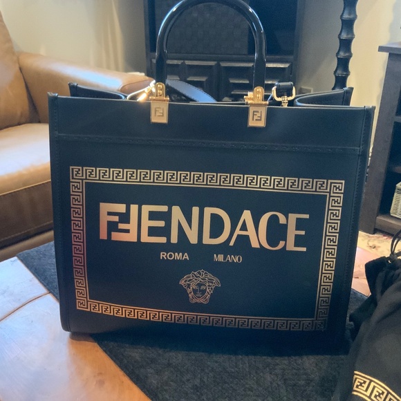 Feni/Versace Collab | Bags | Womens Fendace Black And Gold Leather Tote ...